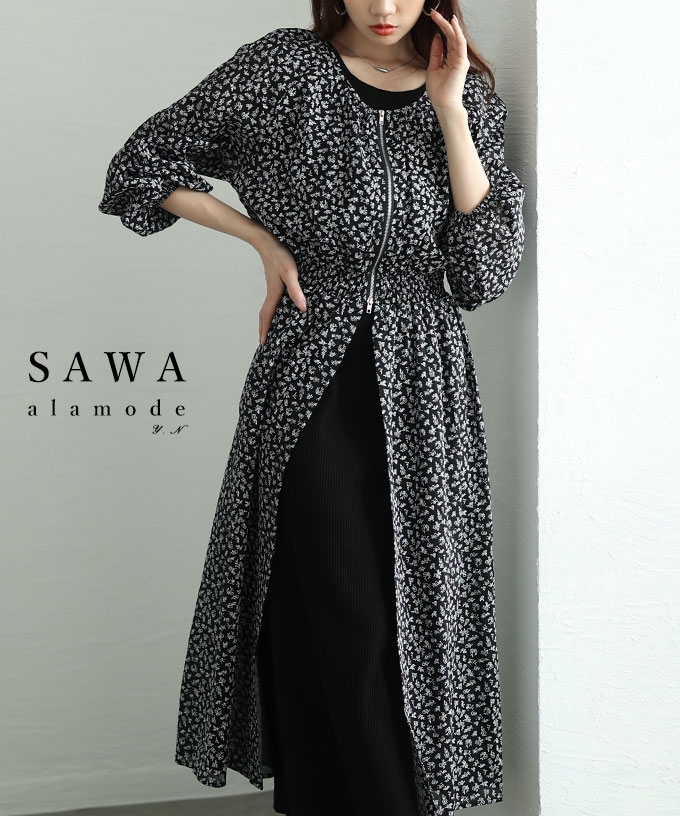 レディース 大人 上品 ジップアップフラワープリントシフォンワンピース【メール便可】 aljun-958s｜レディースファッション通販アラモードで大人上品な個性溢れる服を